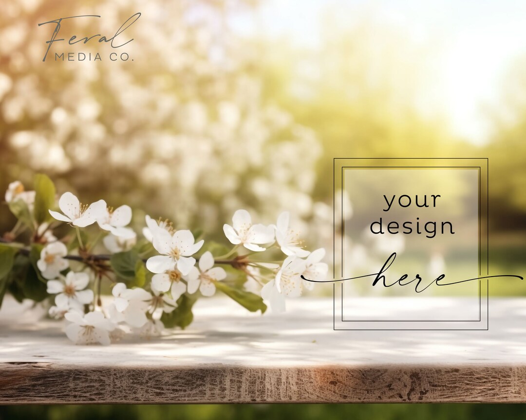 Spring Background Product Mockup, Wood Table Floral Blossom Mockup ...