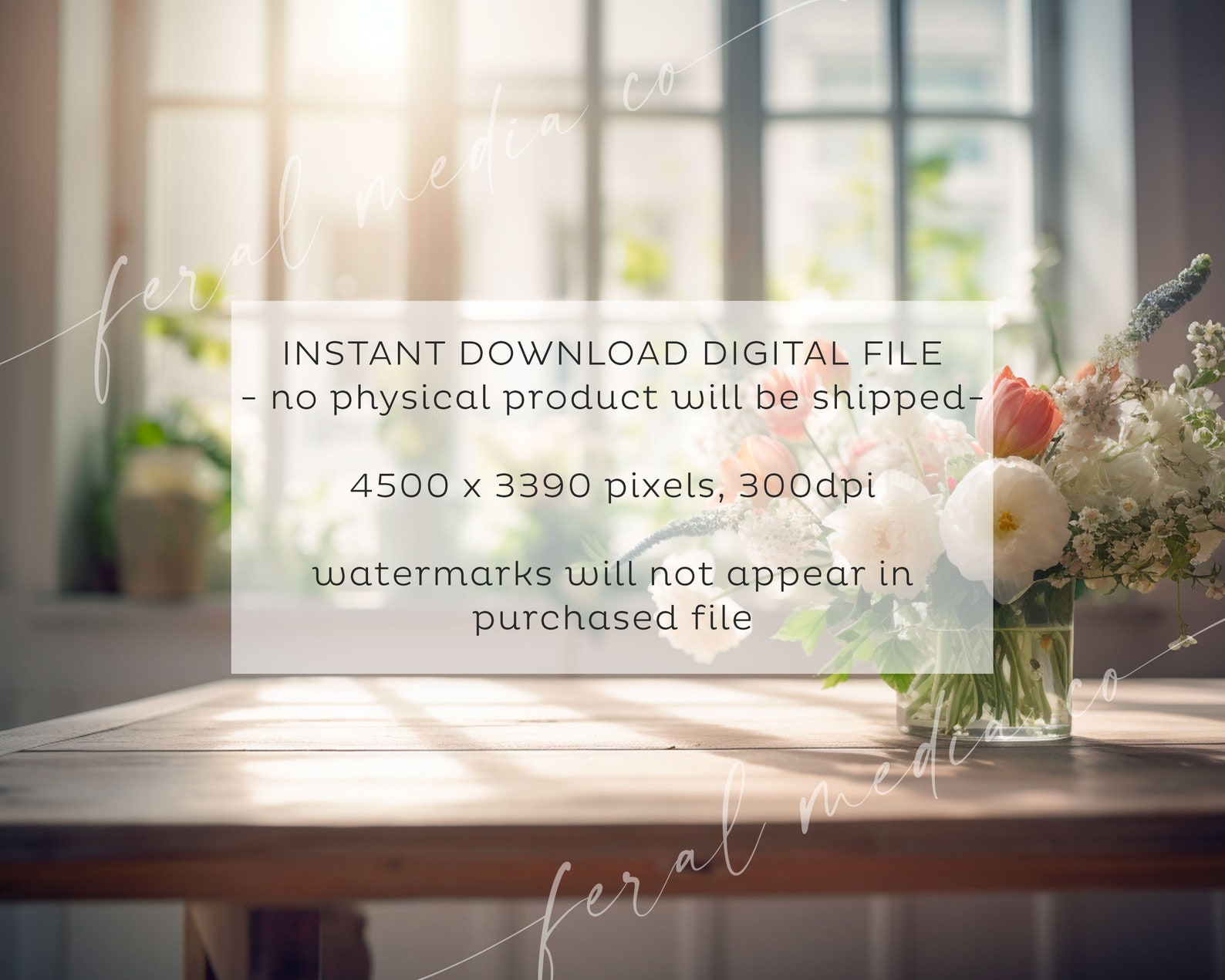 Wood Table & Flowers Background Product Mockup, Summer Flowers in a ...