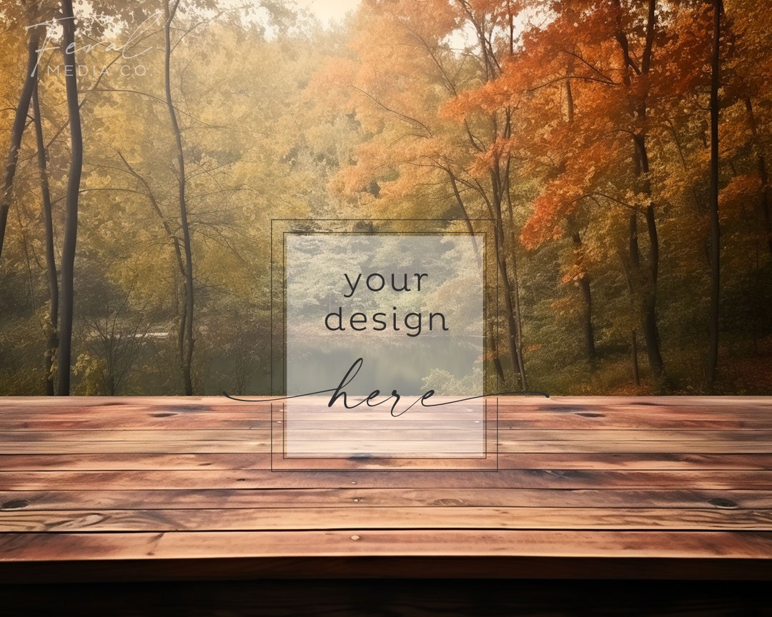Wood Table With Fall Woods Background, Wood Forest Mockup Styled Stock ...