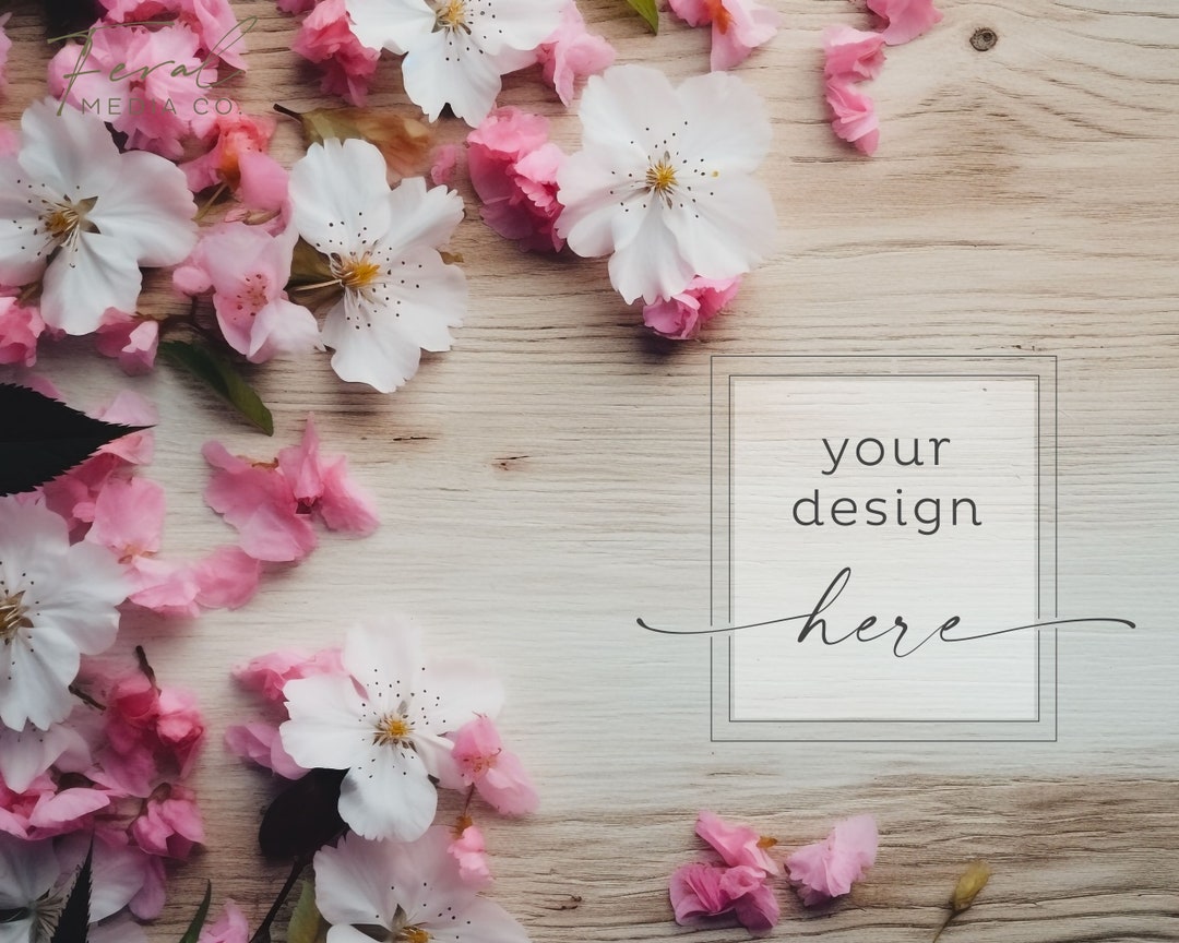 Wood & Pink Flowers Background Product Mockup, Wood Flat Lay Floral ...