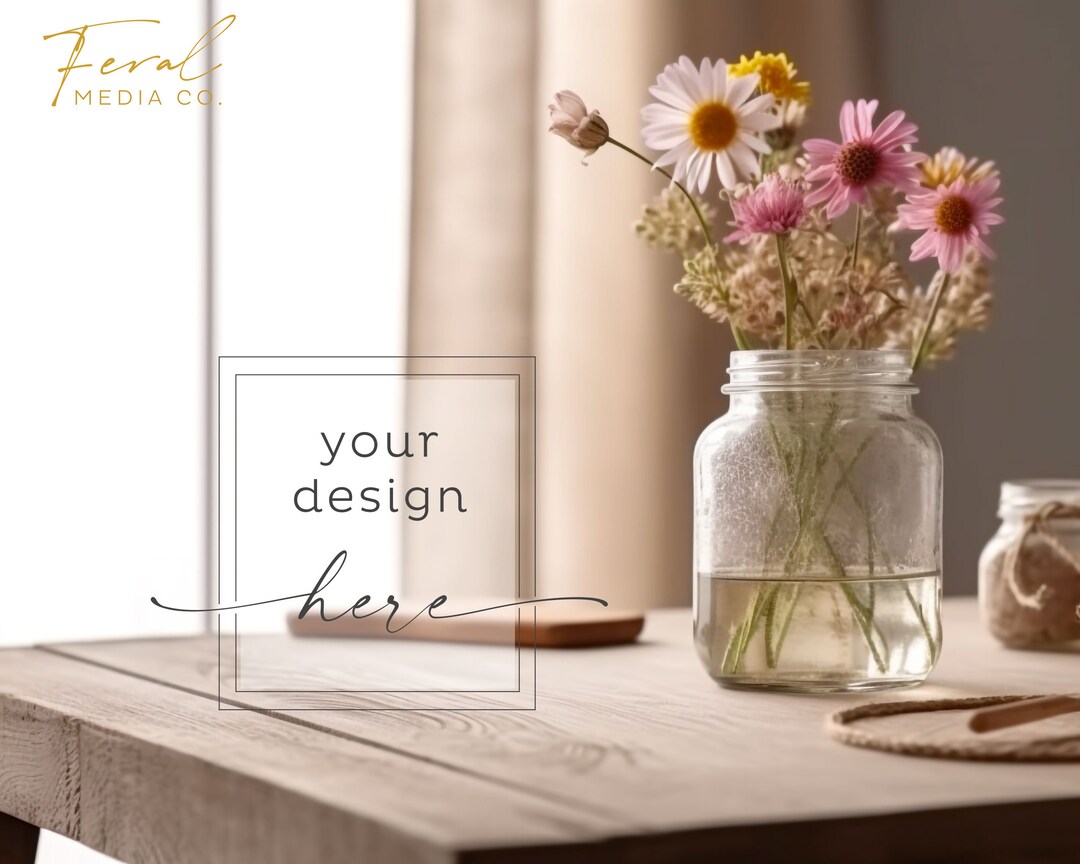 Wood Table & Flowers Background Product Mockup, Summer Flowers in a Jar ...
