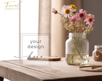 Wood Table & Flowers Background Product Mockup, Summer Flowers in a ...