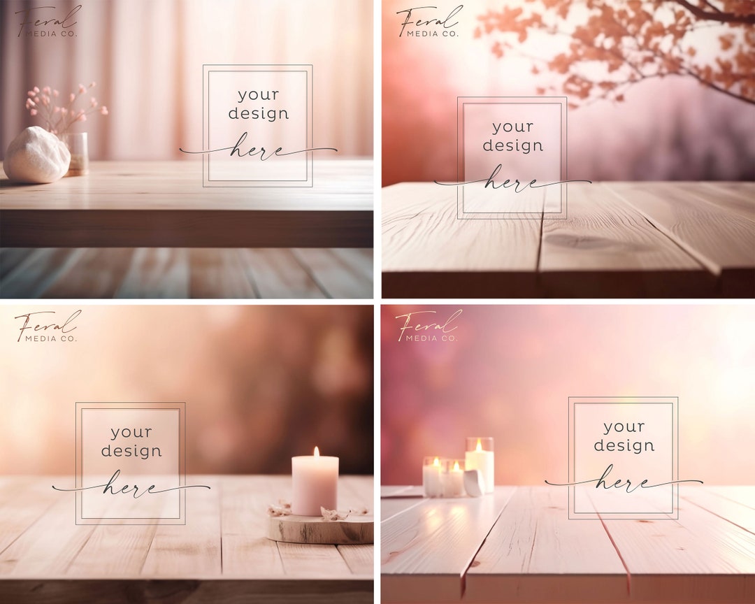 4 Soft Pink Background Product Mockup Bundle, Wood Table Candles Floral ...