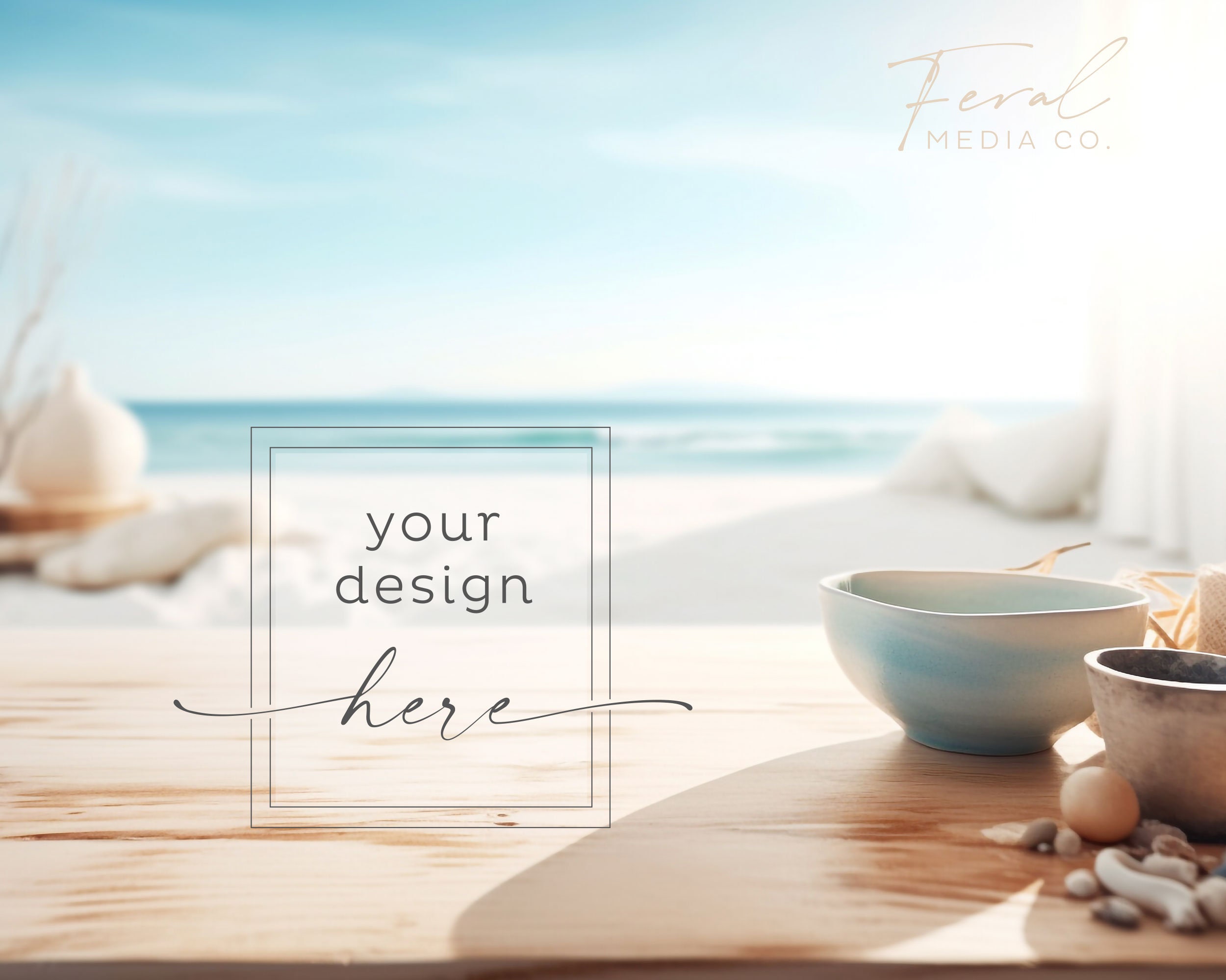 4 Beach Background Product Mockup Bundle, Wood Table Ocean Seashells ...
