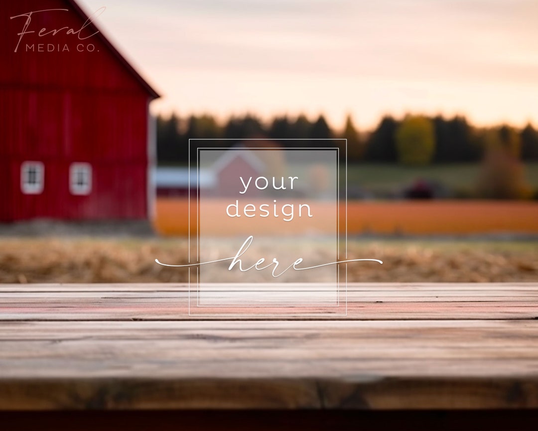 Red Barn and Rustic Wood Mockup Background, Wood Table Farmyard ...