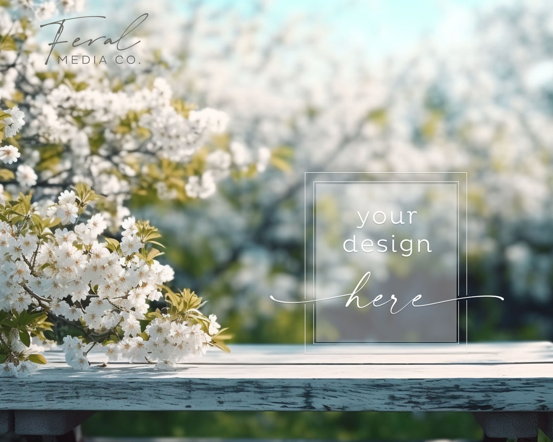 Spring Background Product Mockup, Wood Table Floral Blossom Mockup ...