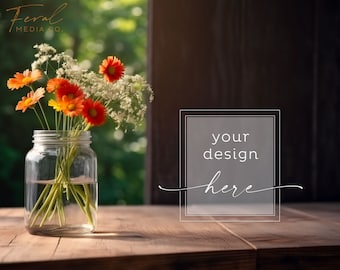 Wood Table & Flowers Background Product Mockup, Summer Flowers in a ...