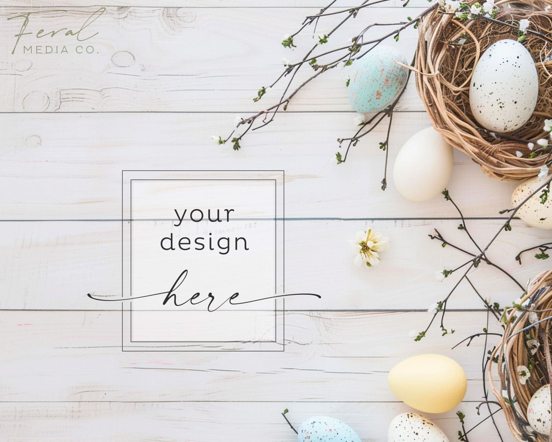 Easter Eggs Flat Lay Background Product Mockup, White Wood Bird Nest Styled Stock Photography ...