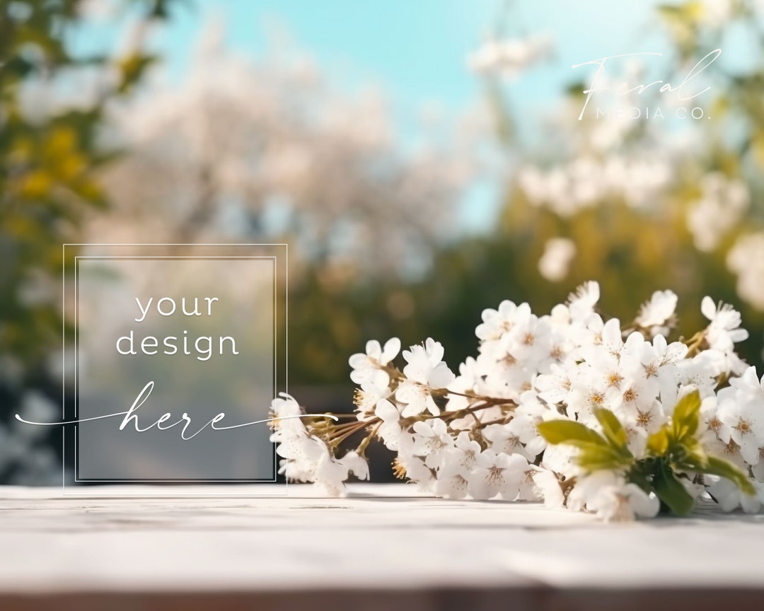 Spring Background Product Mockup, Wood Table Floral Blossom Mockup ...