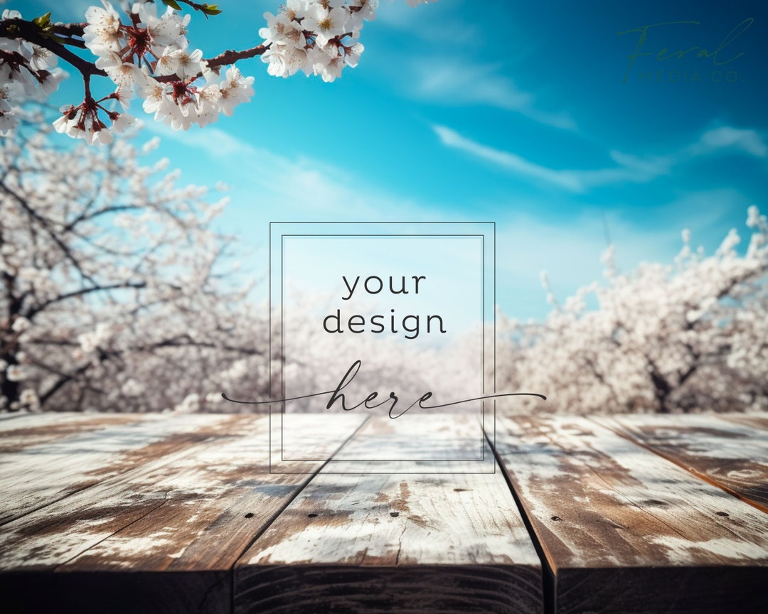 Cherry Blossom Spring Background Product Mockup, Wood Table Flowers ...