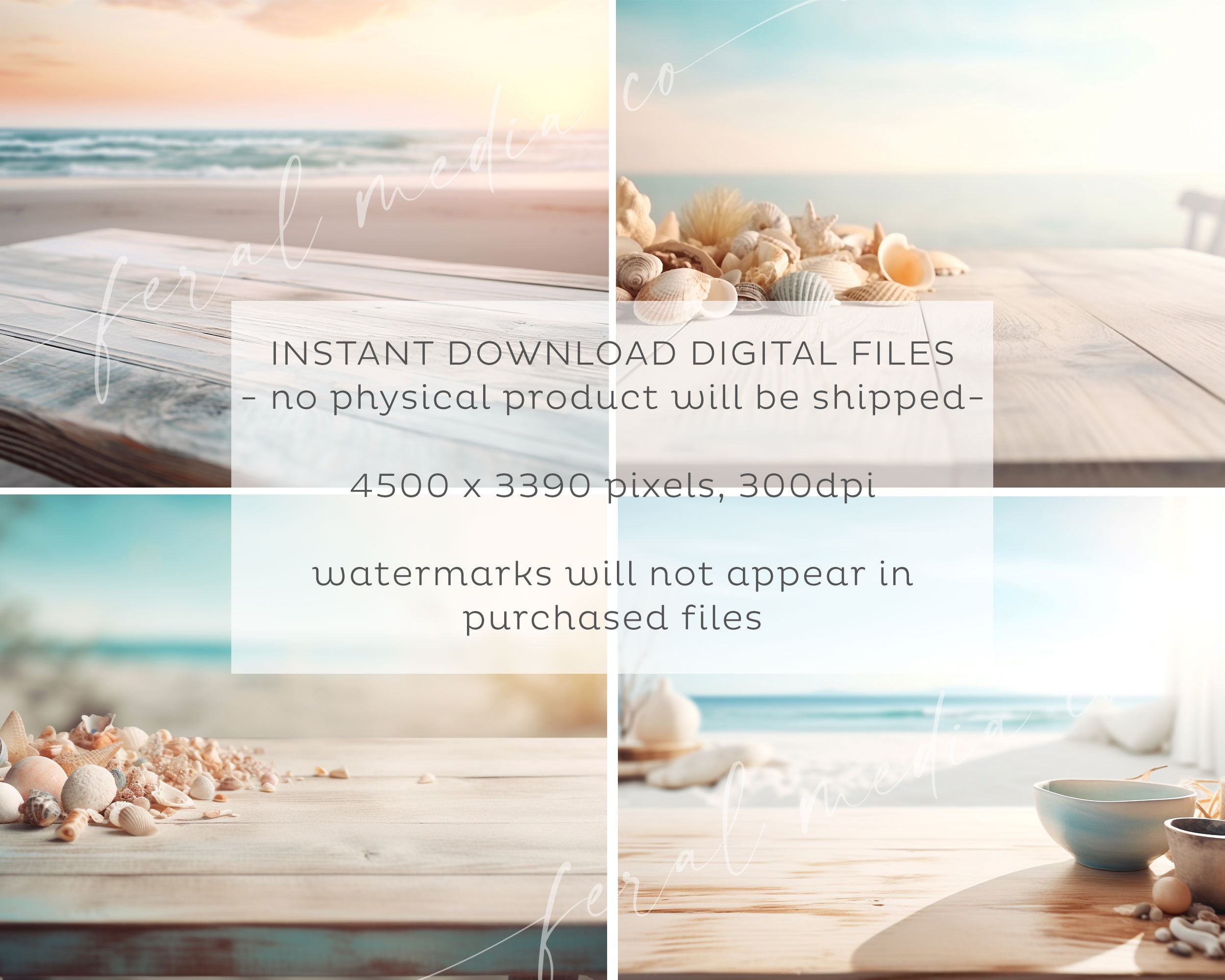 4 Beach Background Product Mockup Bundle, Wood Table Ocean Seashells ...