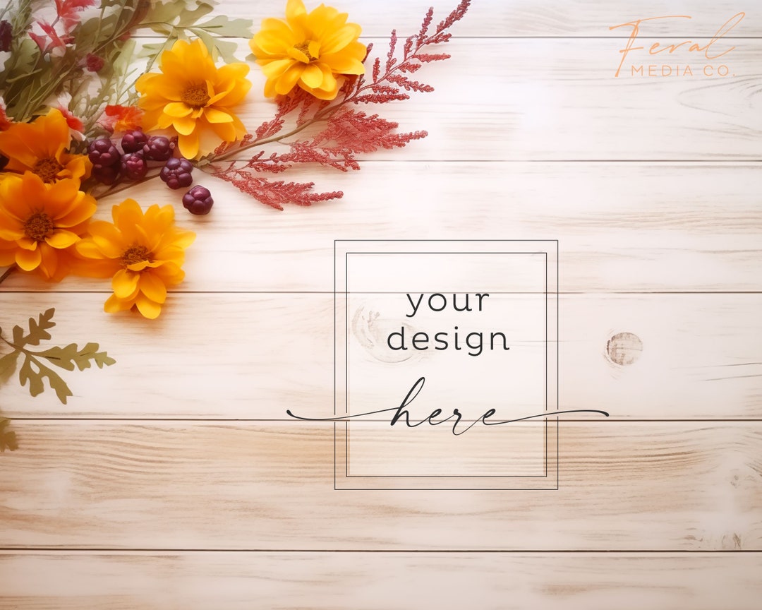 Fall Flat Lay Background Product Mockup, Light Wood Fall Flowers Mockup ...
