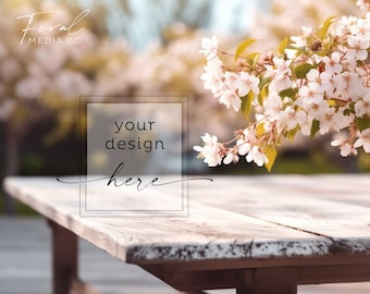 Spring Background Product Mockup, Wood Table Floral Blossom Mockup ...