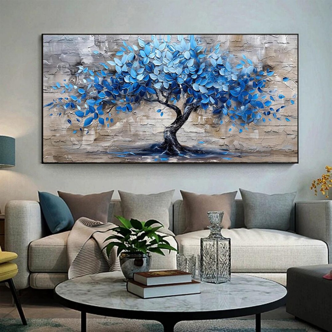 Abstract Blue Leaf Tree Painting on Canvas, 3D Textured Deep Blue ...