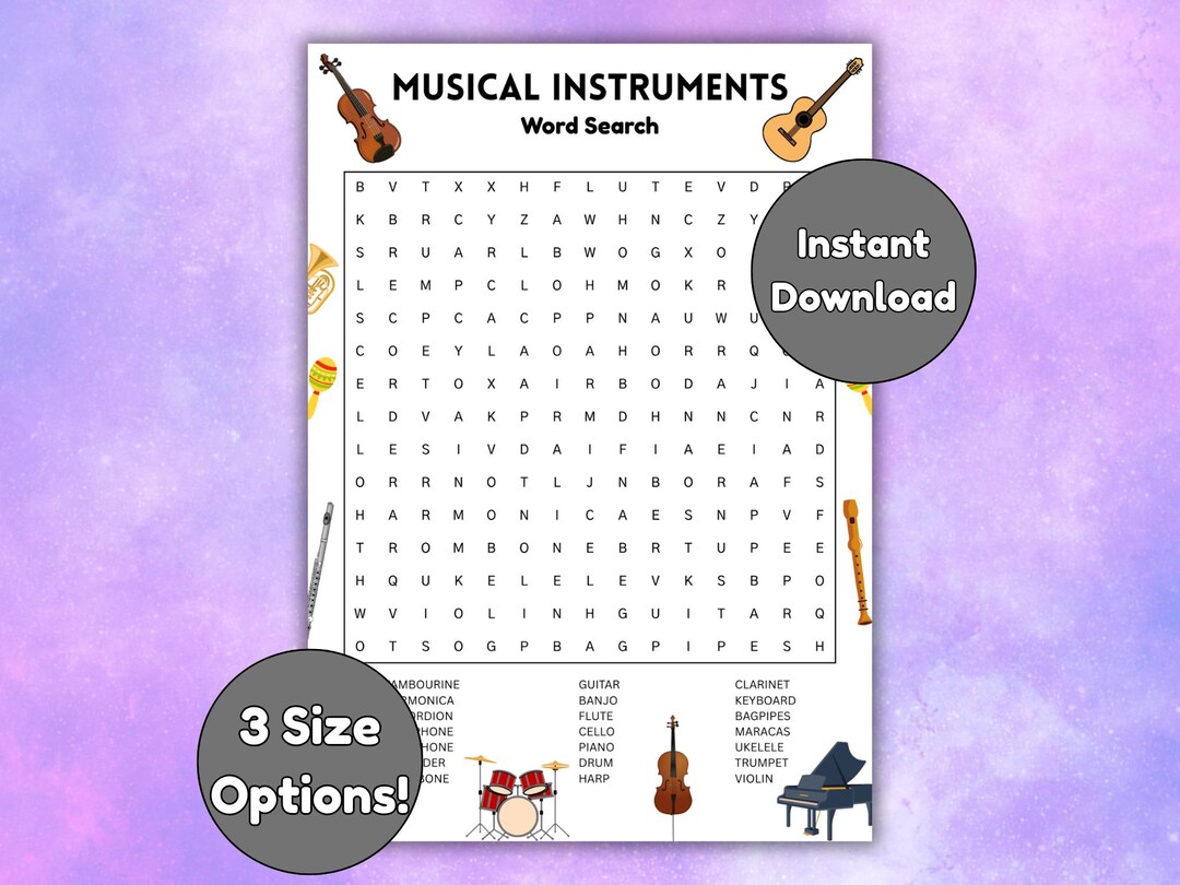 Musical Instruments Word Search | Kids Printable Music Activity ...
