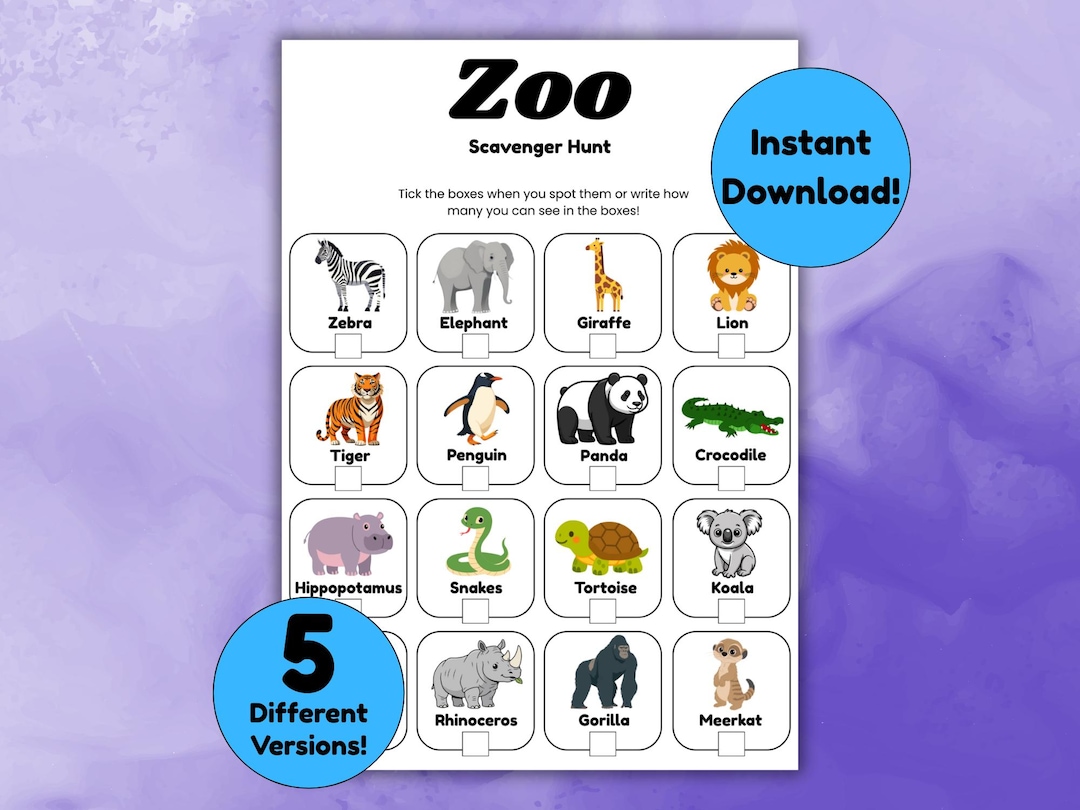 Zoo Scavenger Hunt Printable | Animal Hunt Activity for Kids | Instant ...