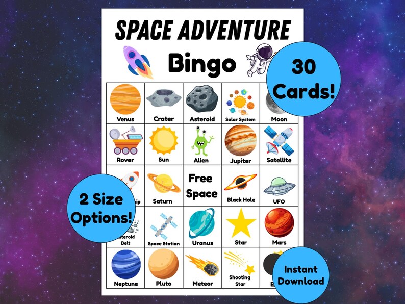 Space Adventure Bingo Game | Kids Birthday Party, Classroom (PDF ...