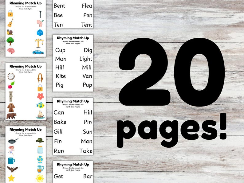 Rhyming Words Match up Worksheets | 20 Printable Activities for ...