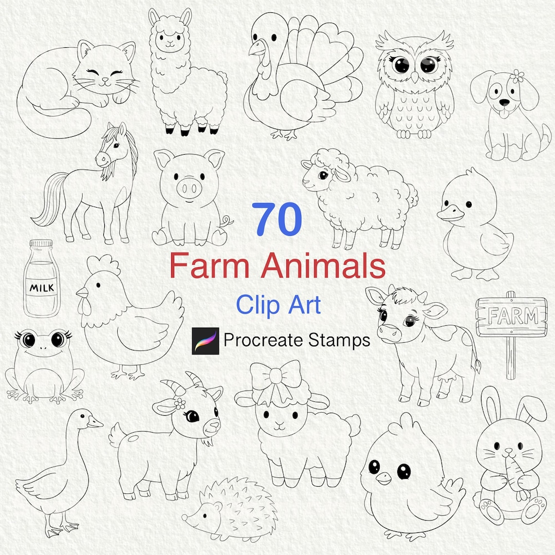 Farm Animal Procreate Stamps | 70 Hand-drawn Barnyard Brushes (digital ...