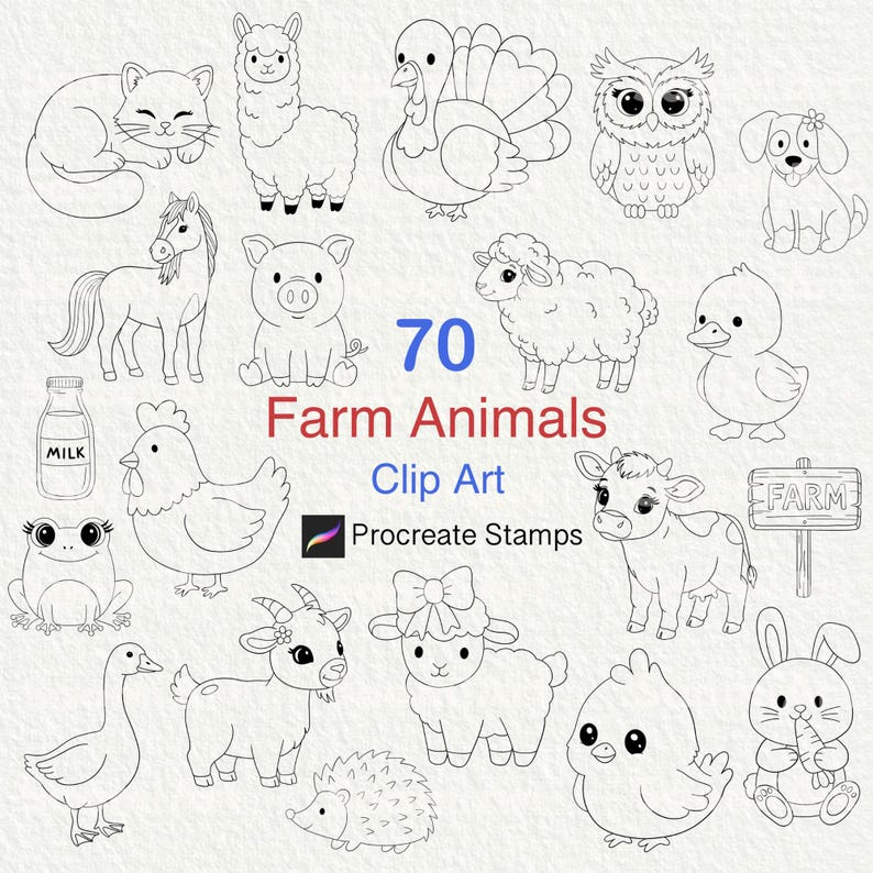 Farm Animal Procreate Stamps | 70 Hand-drawn Barnyard Brushes (digital ...