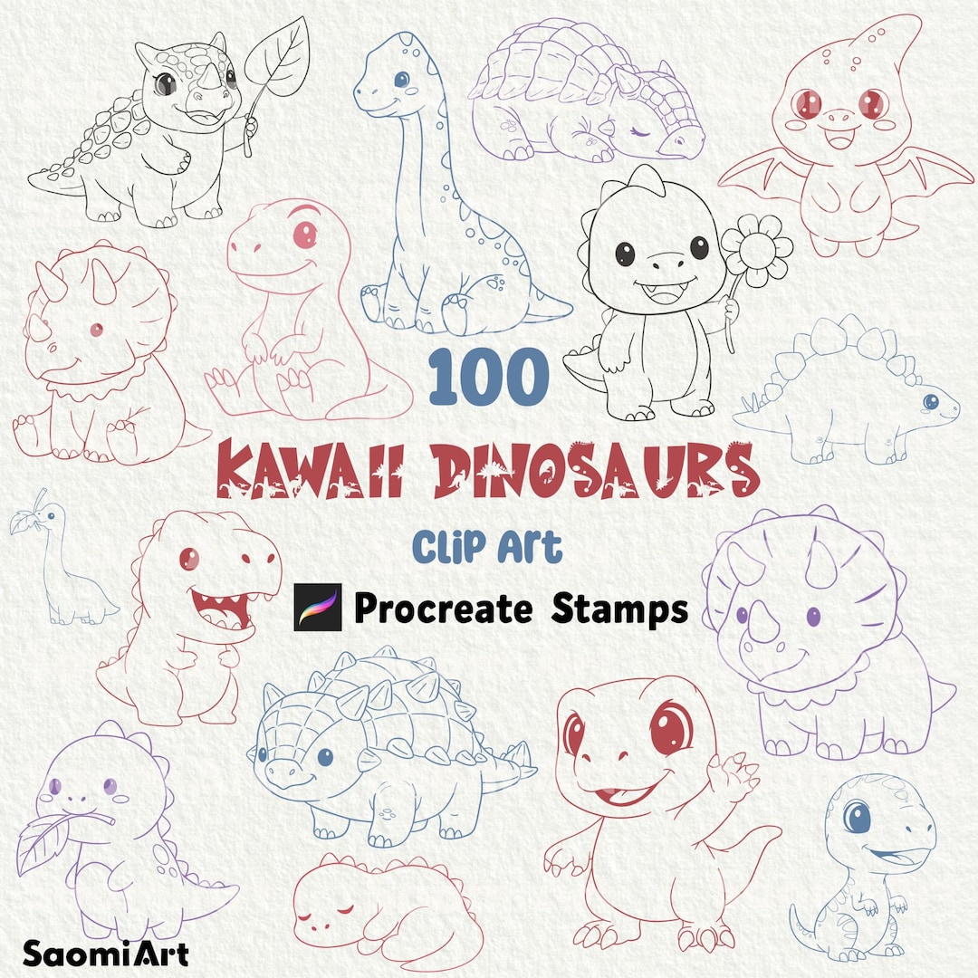100 Kawaii Dinosaur Procreate Stamps | Cartoon Clip Art, Kids ...