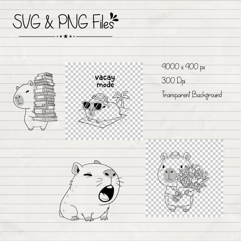 185 Capybara Outline Clipart | Kawaii Line Art SVG PNG Bundle (digital ...
