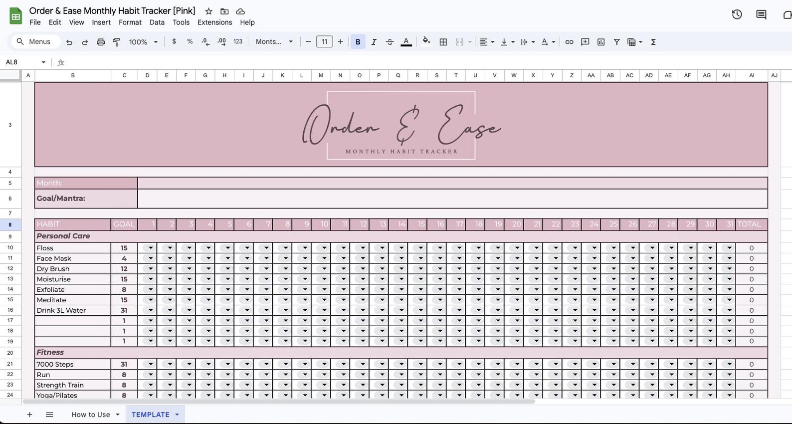 Monthly Habit Tracker Editable in Google Sheets for Productivity [pink ...