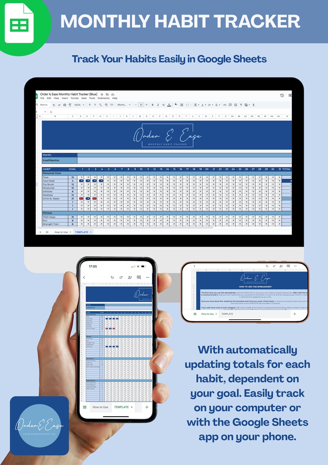 Monthly Habit Tracker Editable in Google Sheets for Productivity [blue ...