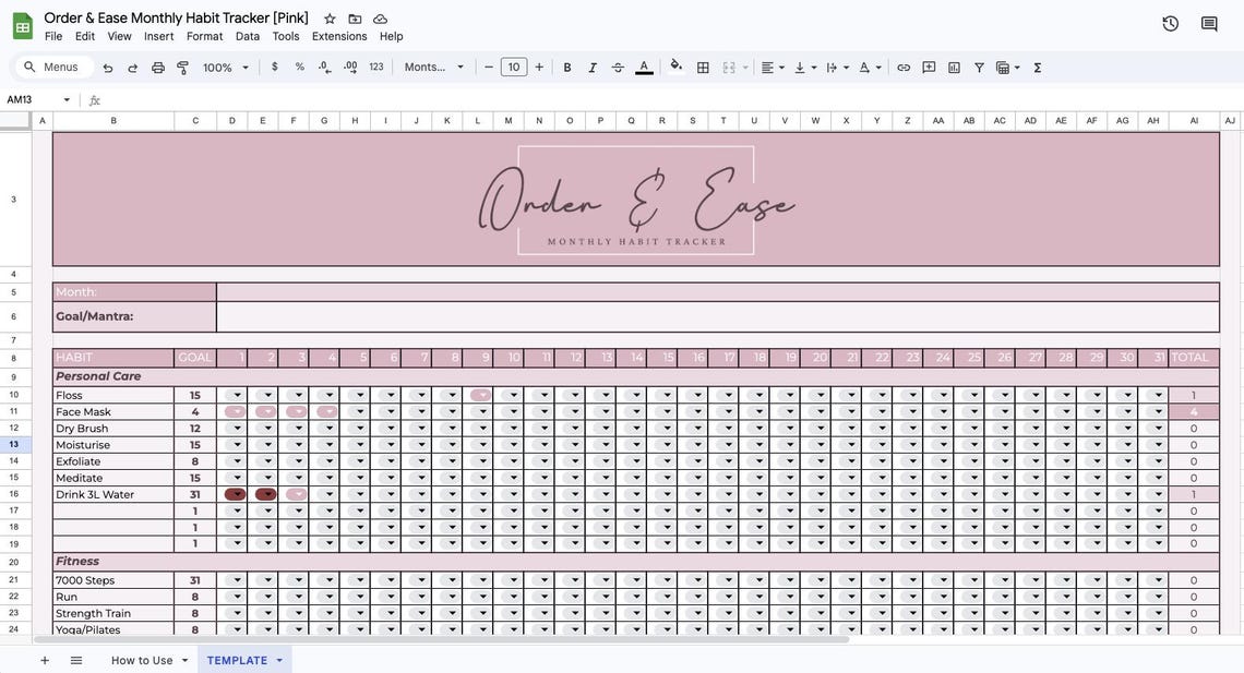 Monthly Habit Tracker Editable in Google Sheets for Productivity [pink ...