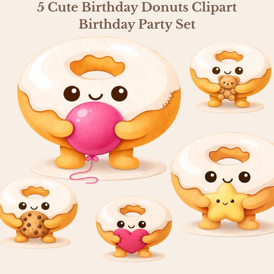 5 Cute Birthday Donuts Clipart Set, Birthday Party Donut PNG, Kids ...
