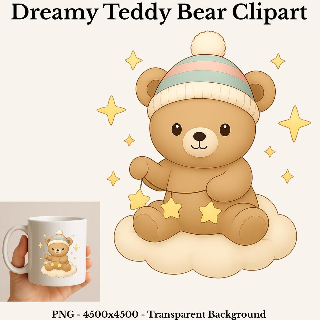 Dreamy Teddy Bear Catching Stars Clipart PNG | Cute Bear on Cloud With ...