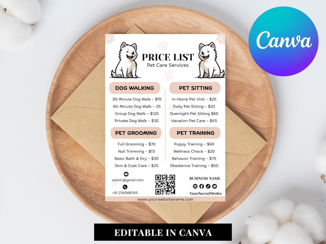 Pet Care Price List Template Canva Editable | Grooming, Sitting ...
