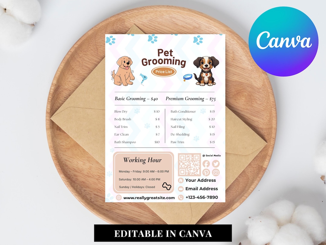 Pet Care Price List Template | Editable Canva Pricing Sheet for ...