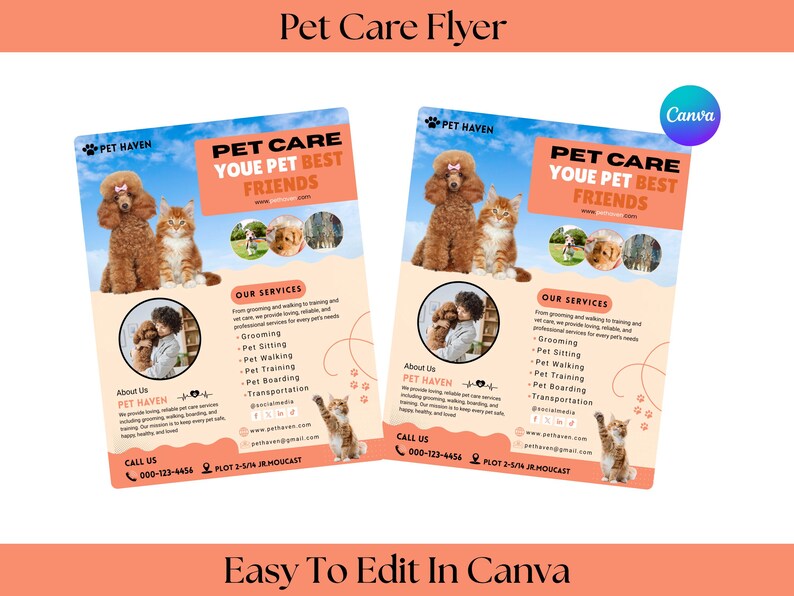 Modelo de folheto para cuidados com animais de estimação no Canva ...
