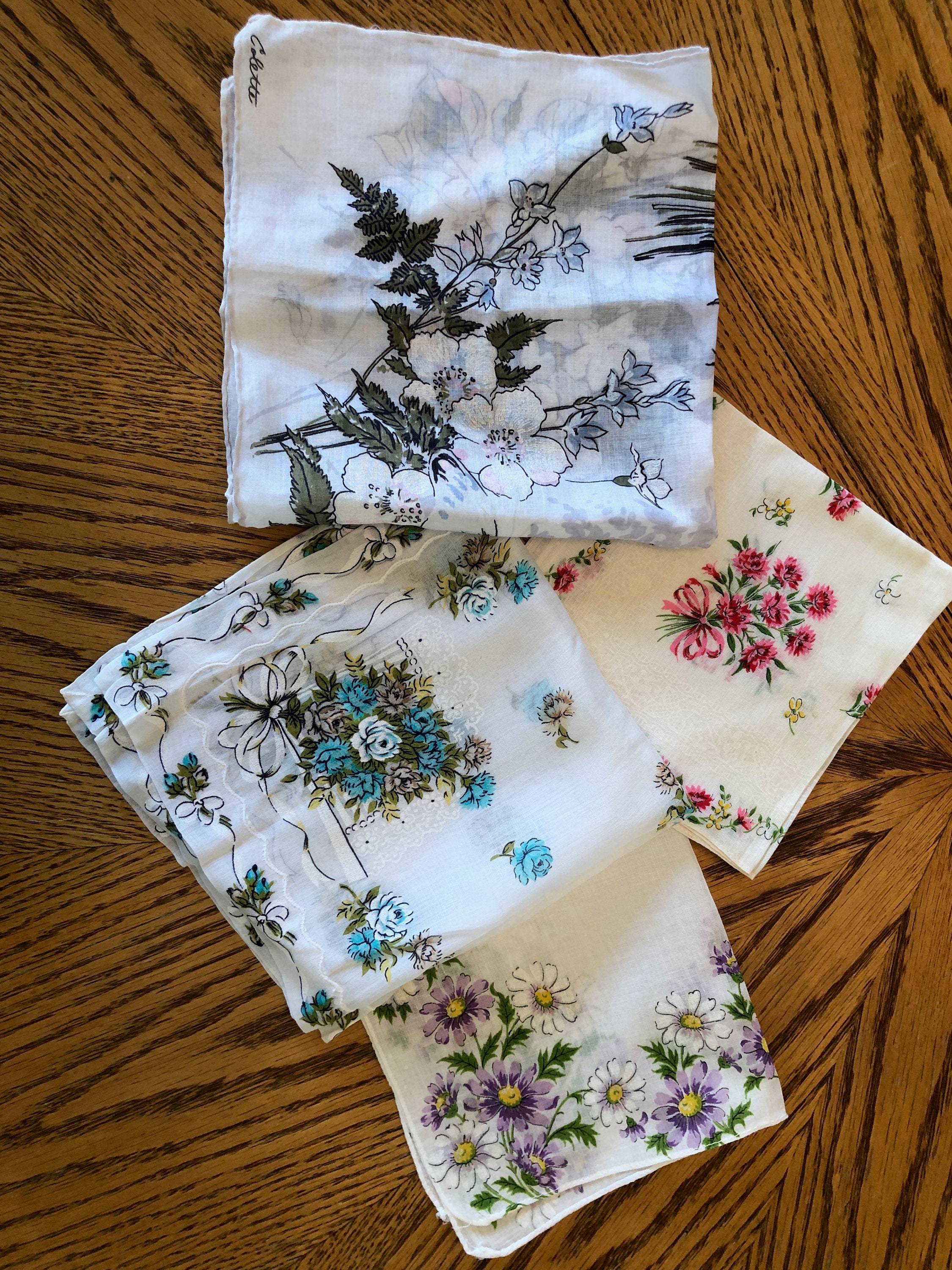 4 Vintage painted Floral Handkerchiefs - Etsy