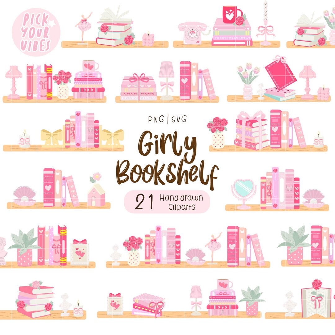 Girly Bookshelf Clipart Set | Pink Bookish Shelf PNG SVG | Hand Drawn ...