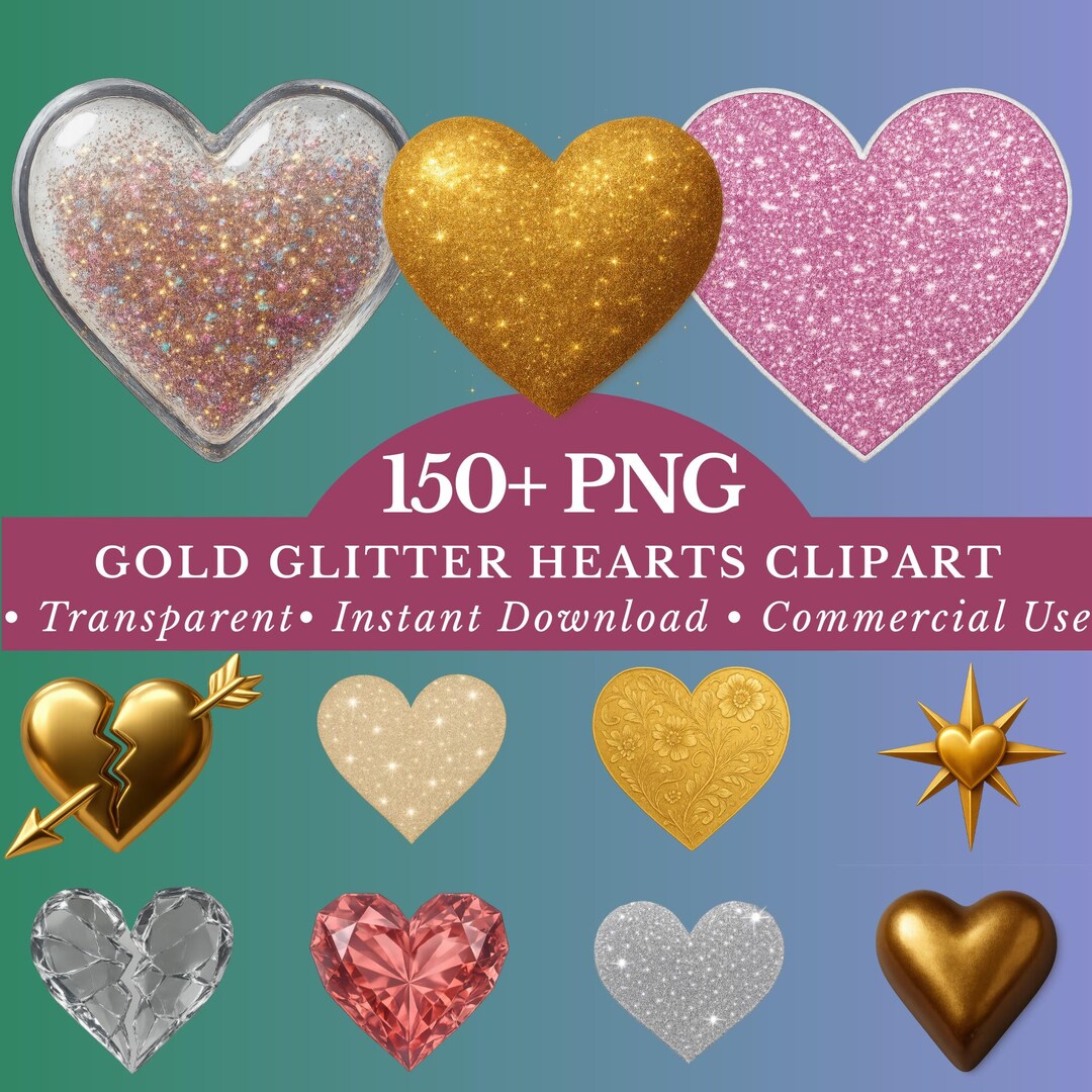 Glitter Heart PNG Clipart Bundle, Valentine's Day Graphics (commercial ...
