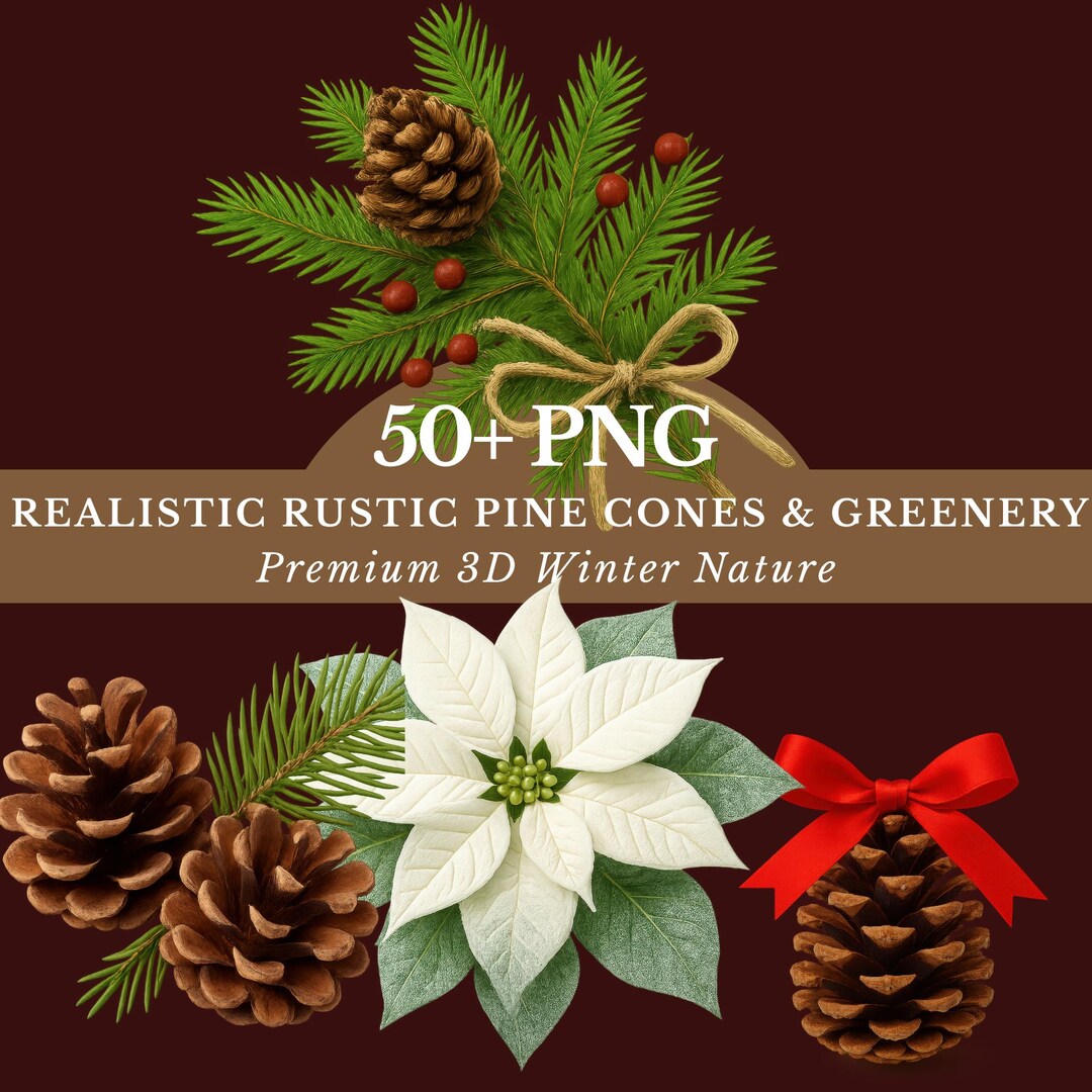 50+ Realistic Winter Pine Cone PNG, 3D White Poinsettia & Fir Branch ...