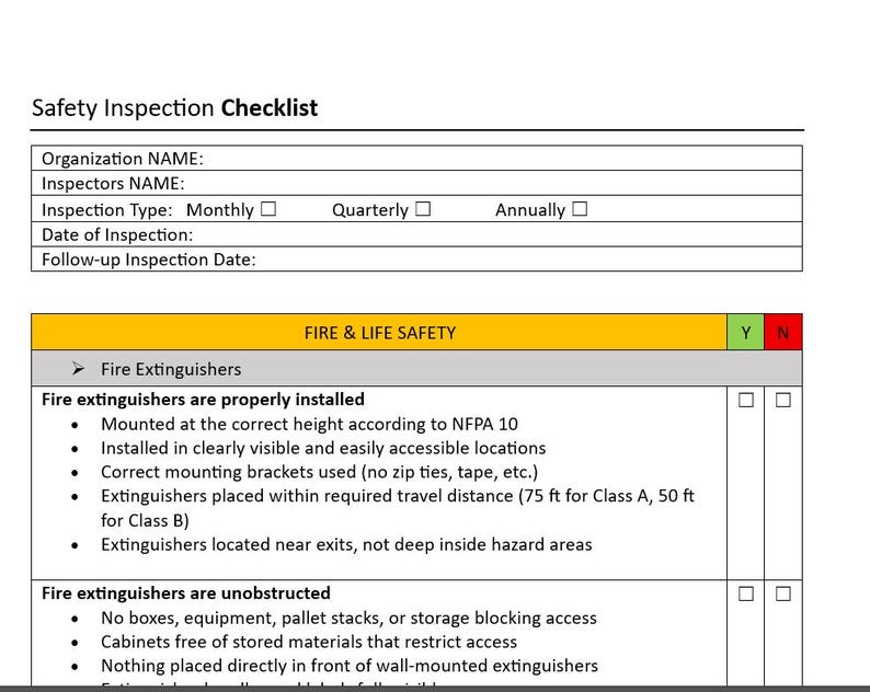 OSHA Compliant- Fire & Life Safety Inspection Checklist - Etsy