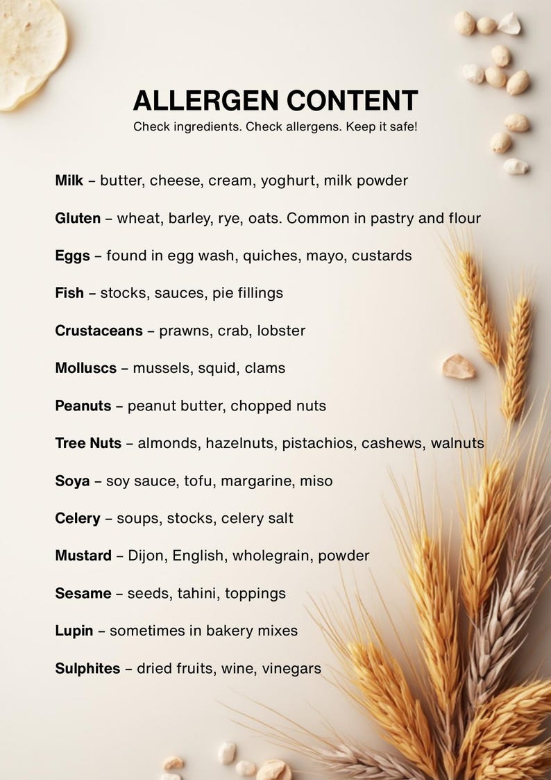 Country-style Allergy Poster | Printable Food Allergen Chart | Baking ...