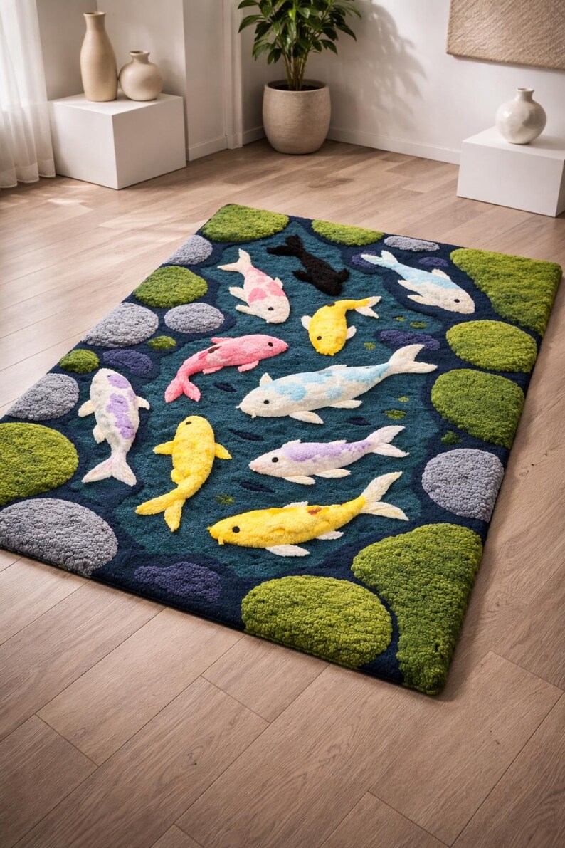 Handmade Koi Fish Pond "rug" | Colorful Carp Design Area Rug for Living ...