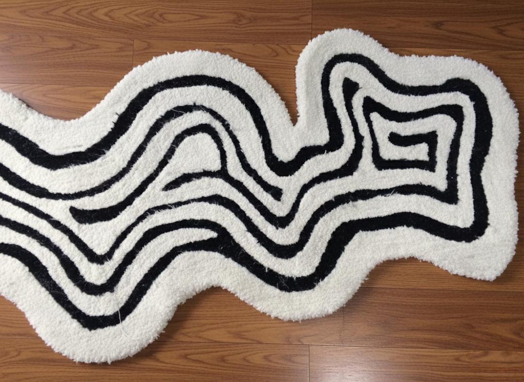 Abstract Wavy Black & White Shag Rug | Modern Irregular Shape Area Rug ...