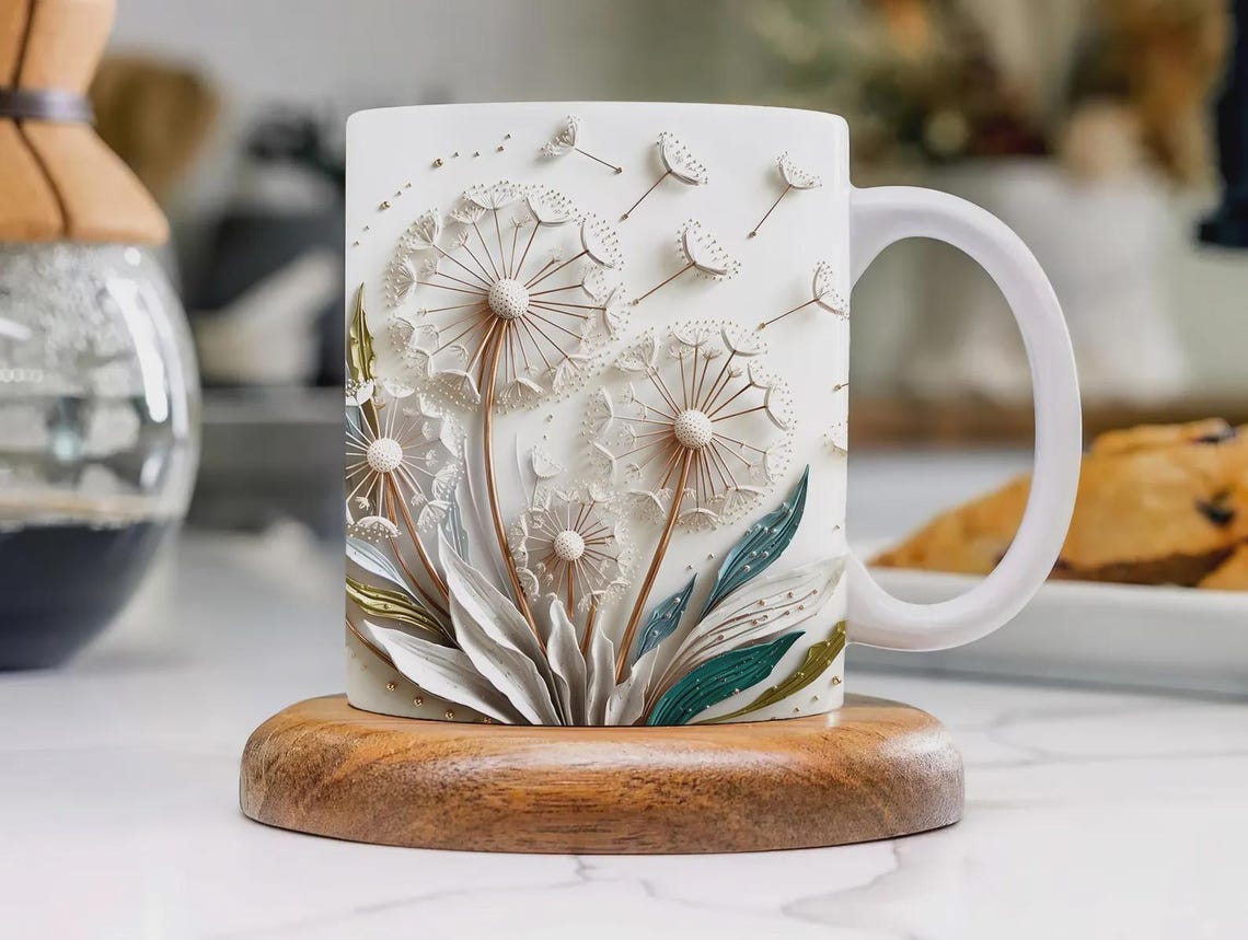 3D Dandelion Mug Wrap PNG, Floral Sublimation Design for 11oz & 15oz ...