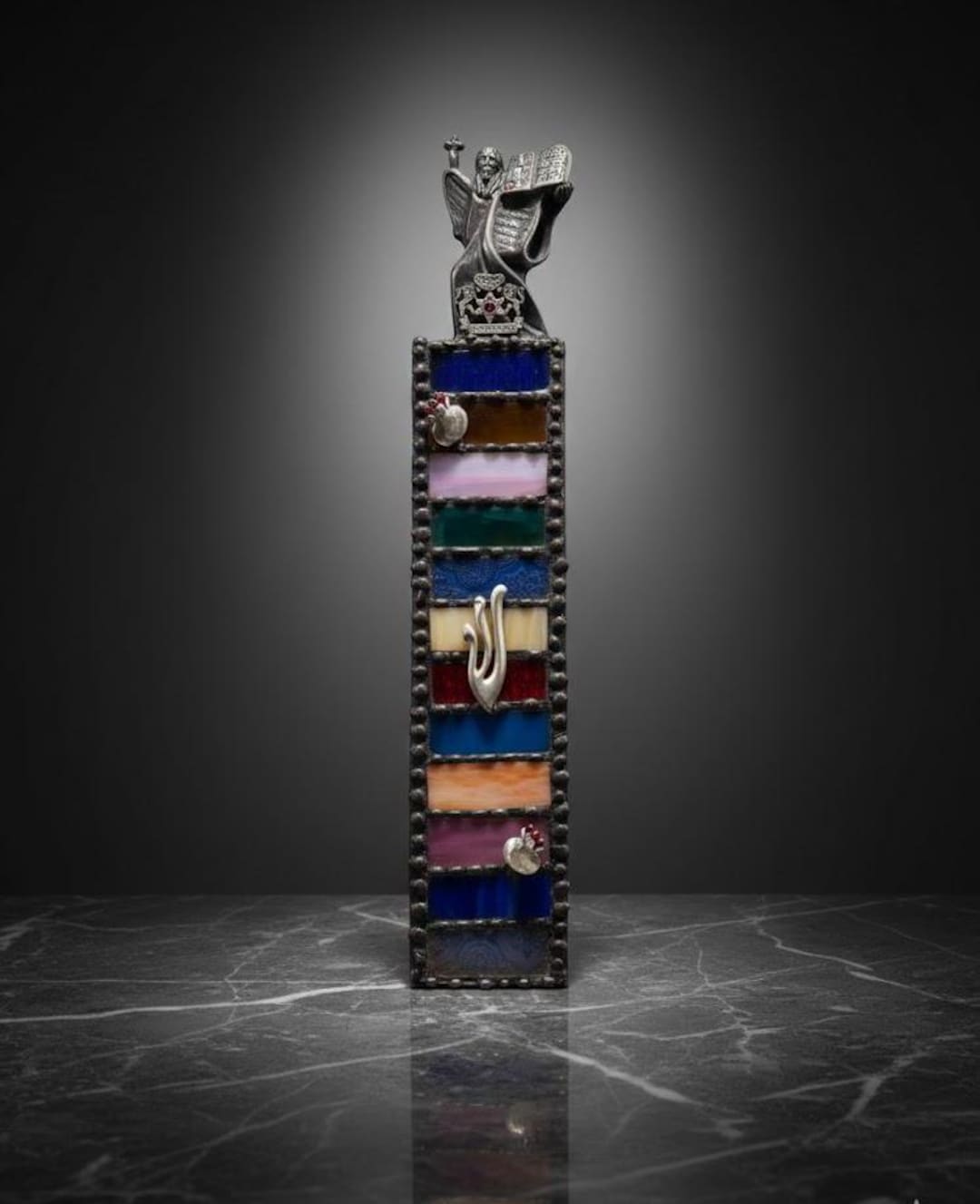 Handcrafted Stained Glass Mezuzah Case: Tribes of Israel, Silver Lion ...