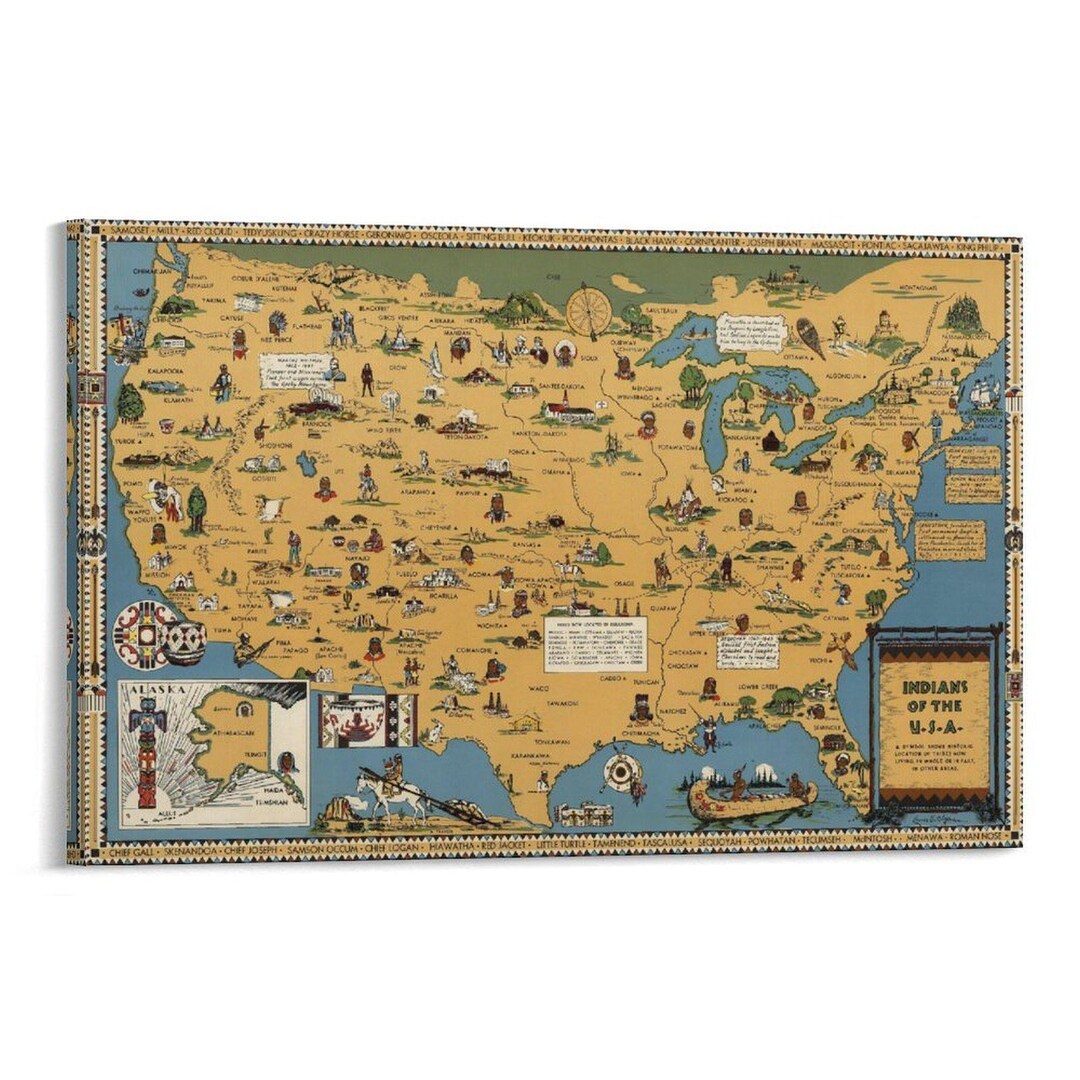 Vintage Indians of the USA Tribes Map Painting on Canvas Wall Art ...