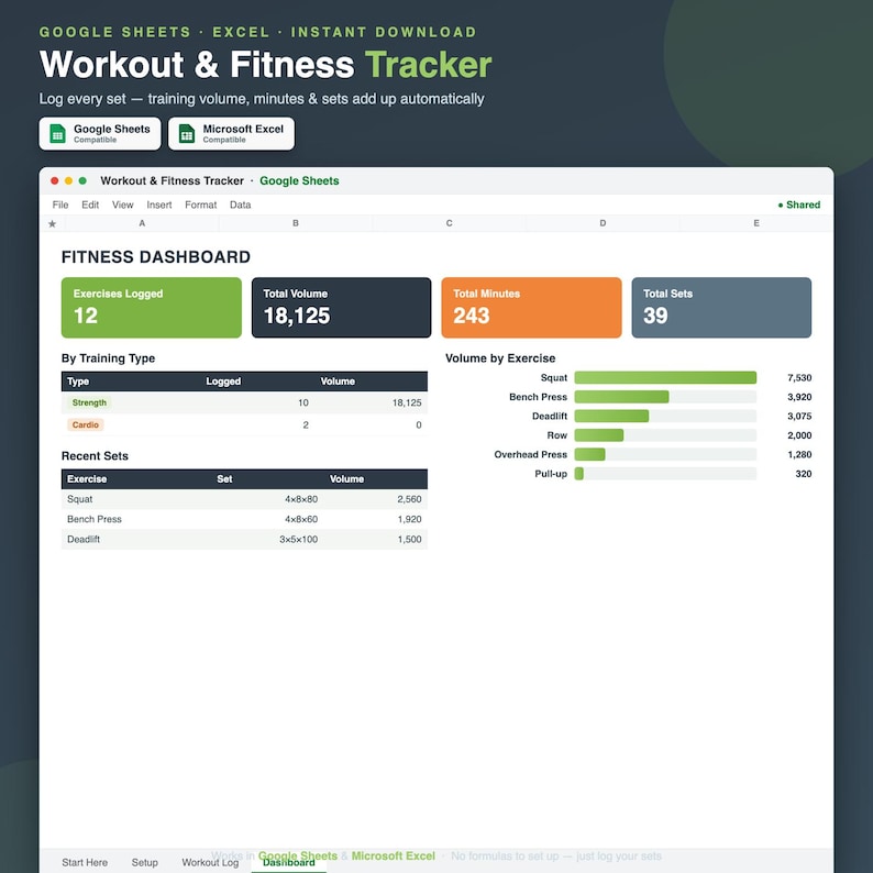 Workout Tracker Spreadsheet, Google Sheets + Excel Fitness Tracker, Gym ...