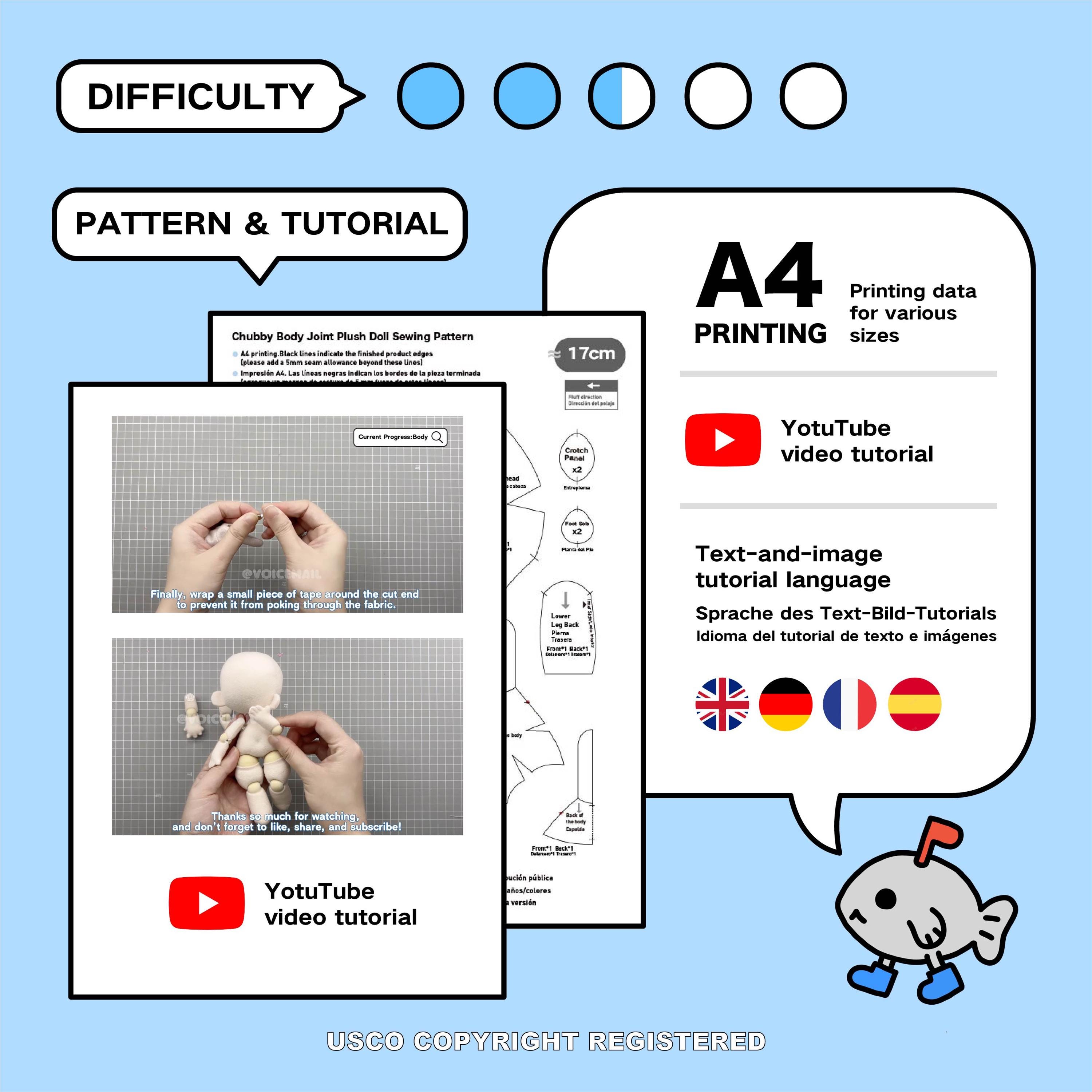 17cm Joint Plush Doll Sewing Pattern & Tutorial (english/español ...