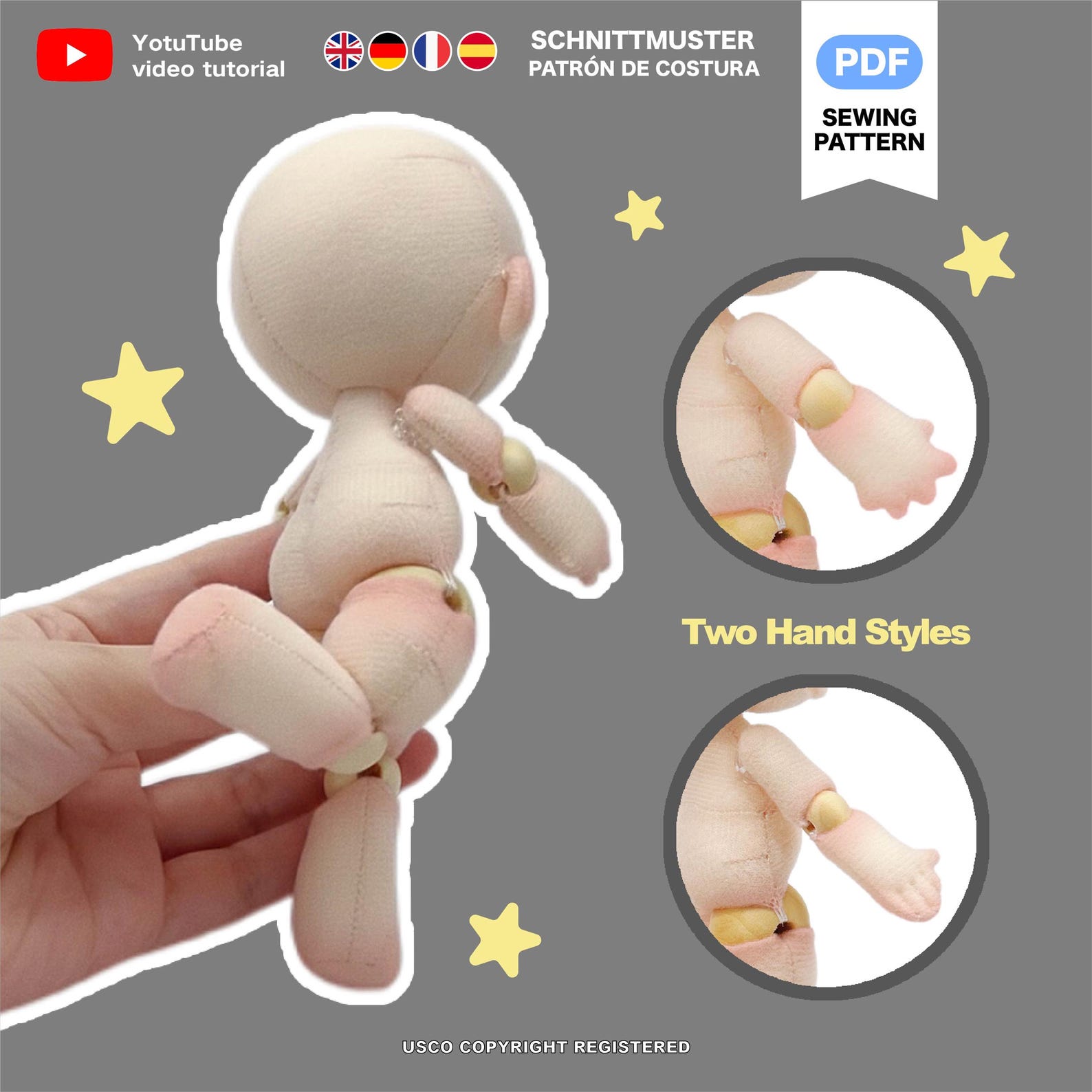17cm Joint Plush Doll Sewing Pattern & Tutorial (english/español ...