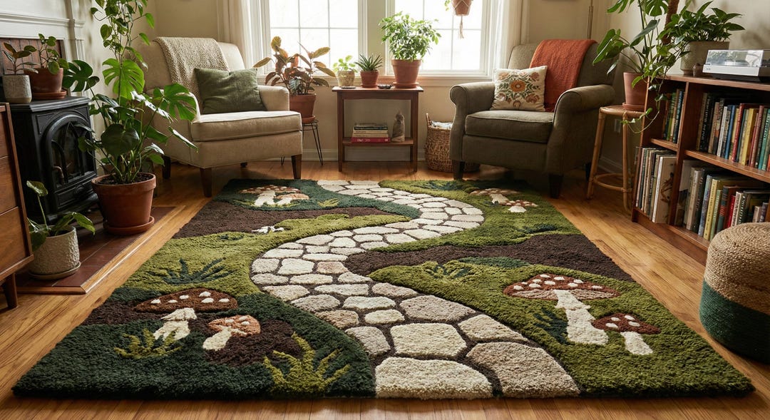Woodland Stone Path Wool Rug | Hand-tufted Mushroom Garden Carpet - Etsy