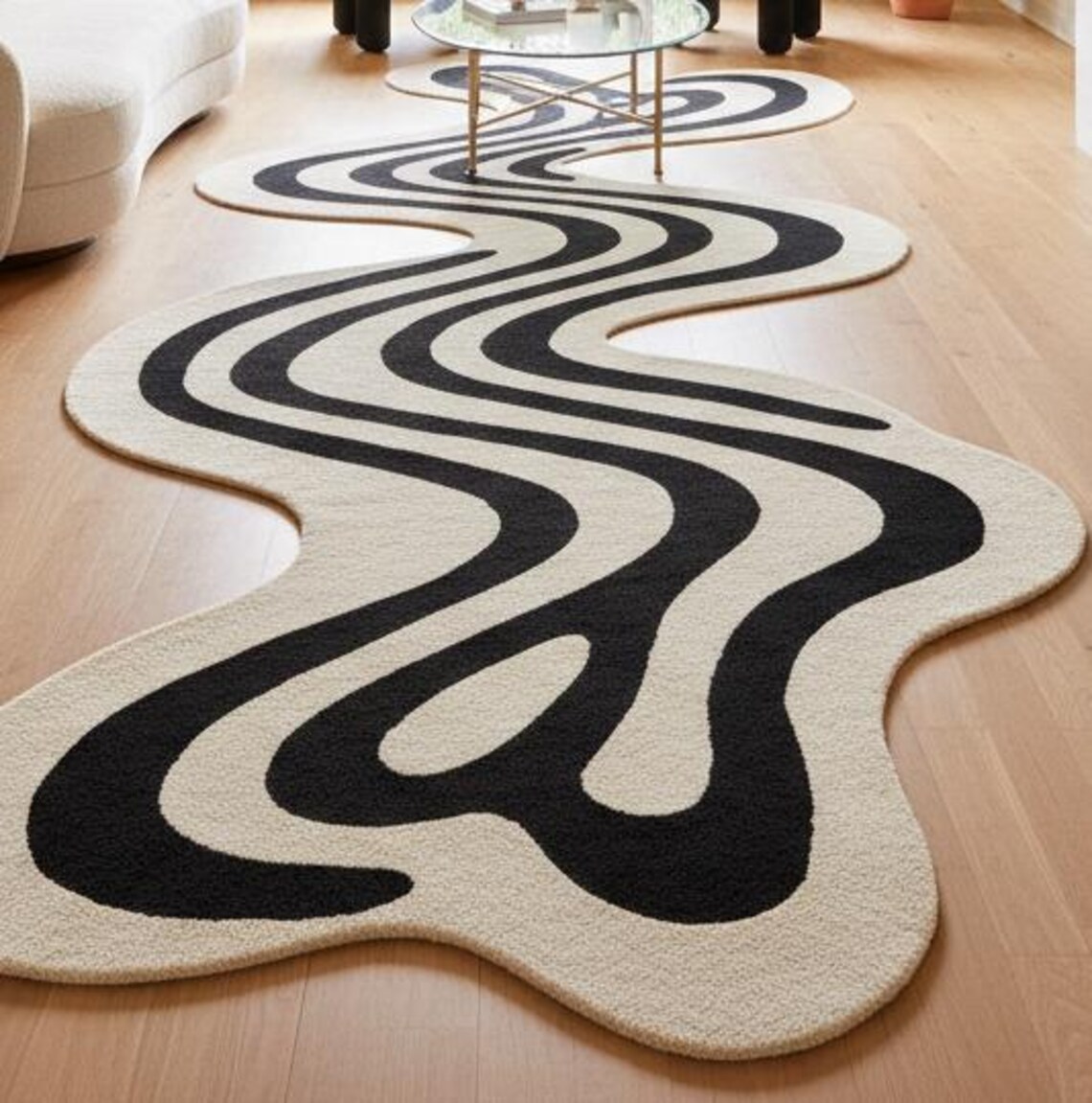 Wavy Flow Abstract Designer Runner Rug | Modern Wavy Abstract Black ...